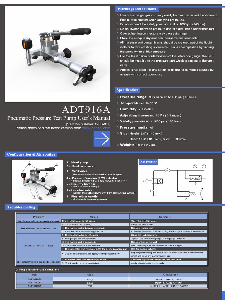 ADT916A: Pneumatic Pressure Test Pump User Manual | PDF | Mechanical ...