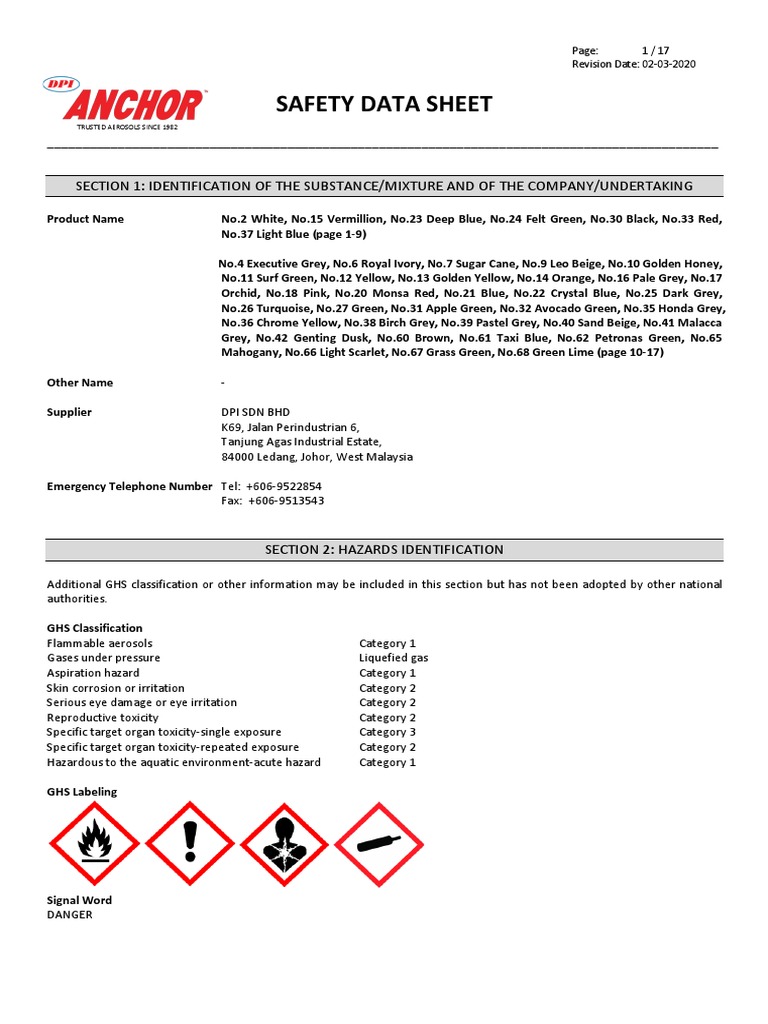 SDS-Anchor Spray Paint | PDF | Toxicity | Personal Protective Equipment