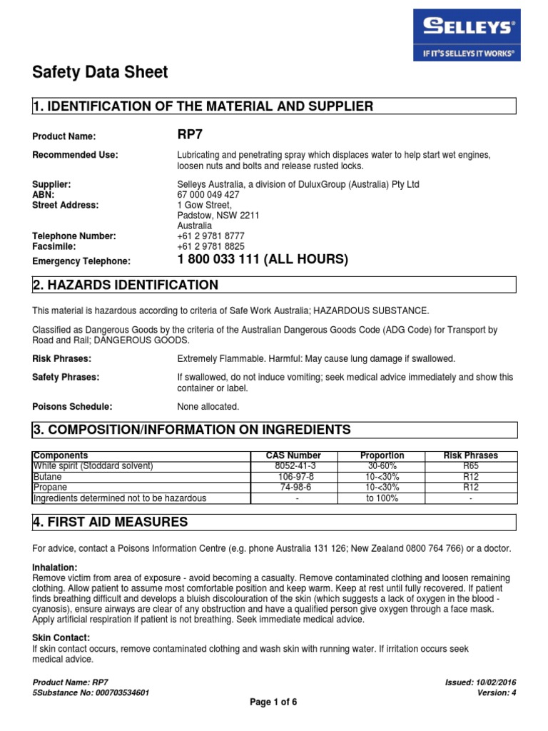 Safety Data Sheet: 1. Identification of The Material and Supplier RP7 ...