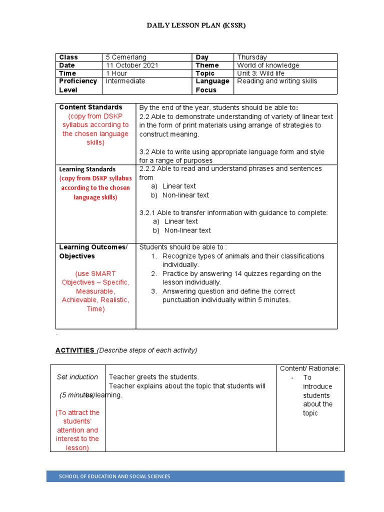 Daily Lesson Plan (KSSR) : Set Induction (5 Minutes) | PDF | Lesson ...