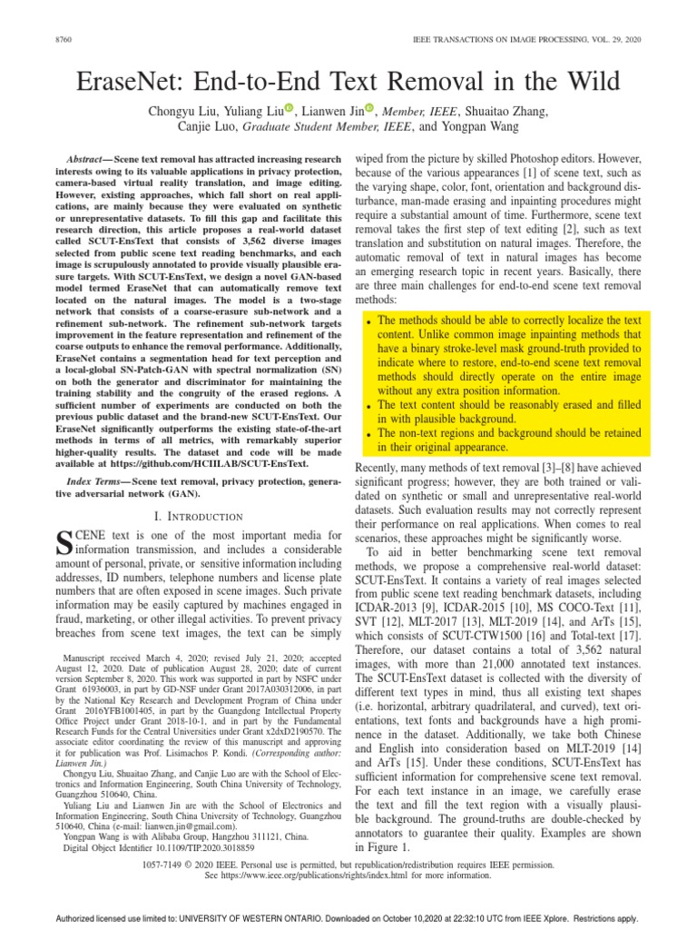 Erasenet: End-To-End Text Removal in The Wild | PDF | Image Segmentation | Deep Learning