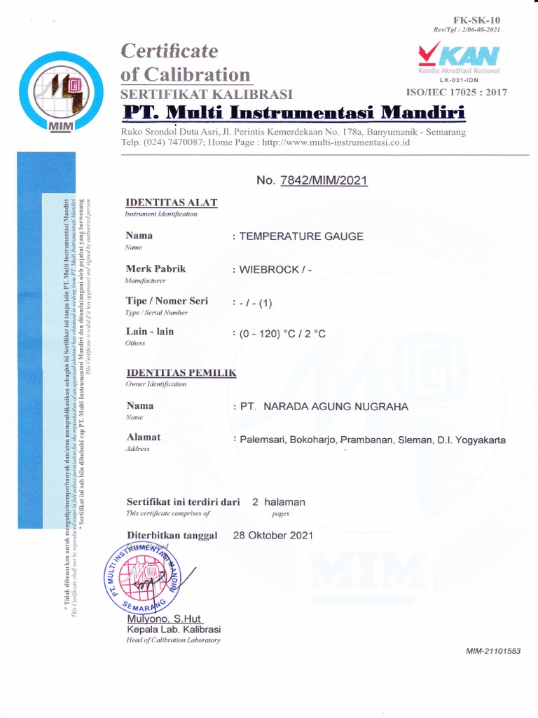 Sertifikat Temperature 1 Nan 2021-2022 | PDF