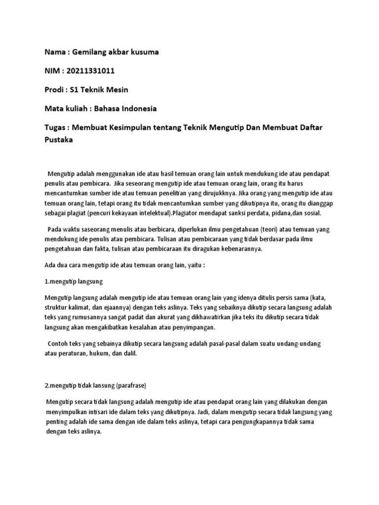 Tugas Bahasa Indonesia Kesimpulan Kutipan Dan Daftar Pustaka | PDF