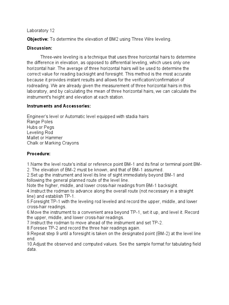 Objective: To Determine The Elevation of BM2 Using Three Wire Leveling ...