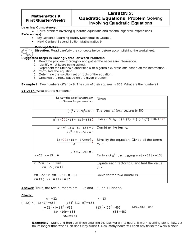 Lesson 3: Quadratic Equations: Problem Solving | PDF | Equations ...