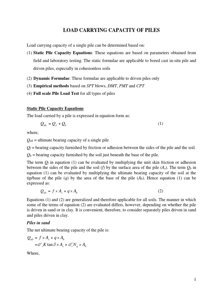 Pile Load Carrying Capacity Analysis | PDF | Deep Foundation | Friction