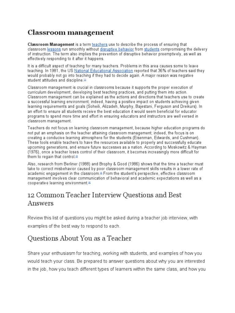 Classroom Management: 12 Common Teacher Interview Questions and Best ...