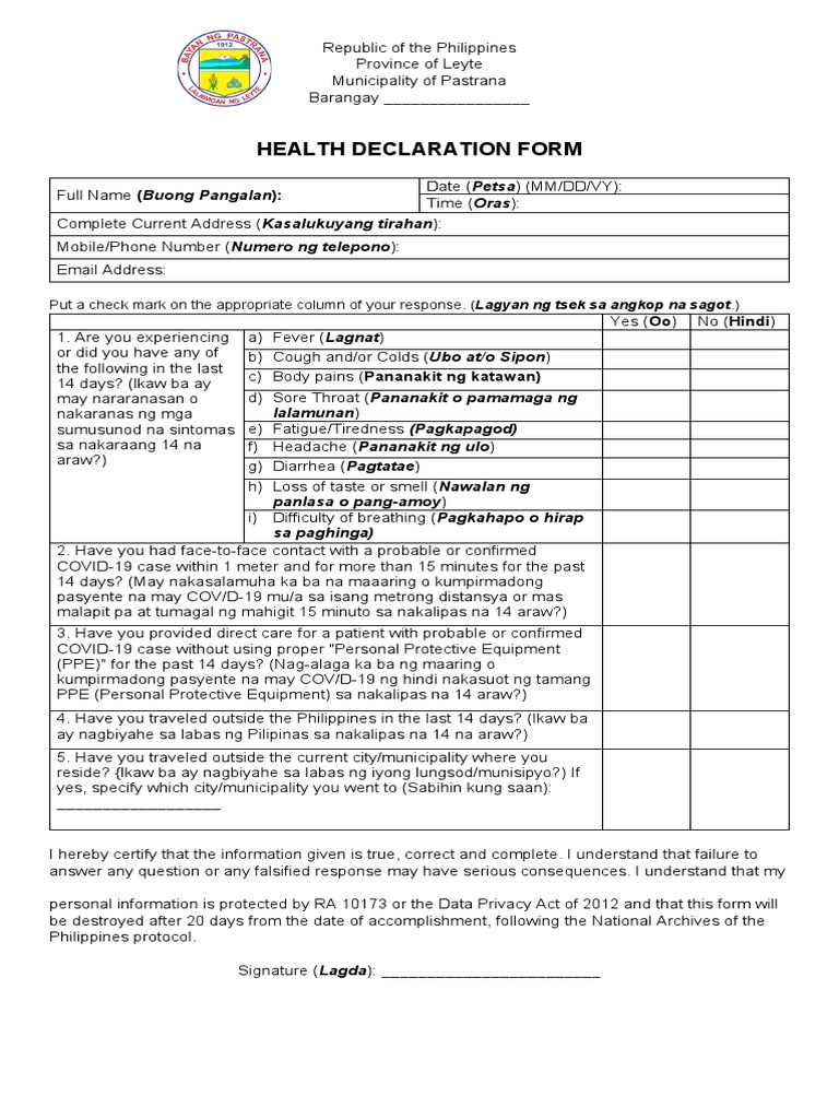 Health declaration form | PDF | Clinical Medicine | Medical Specialties