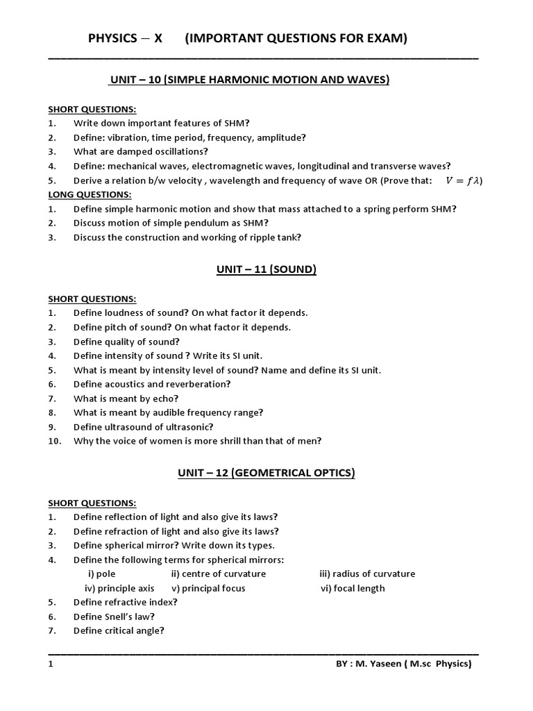 Class 10 Physics Important Questions | PDF | Waves | Sound
