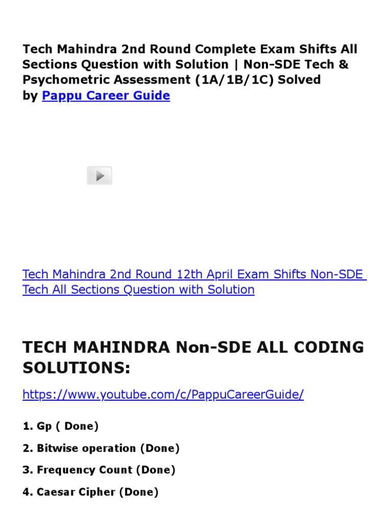 Updated - Tech Mahindra Non-SDE All Coding Solution by Pappu Career ...