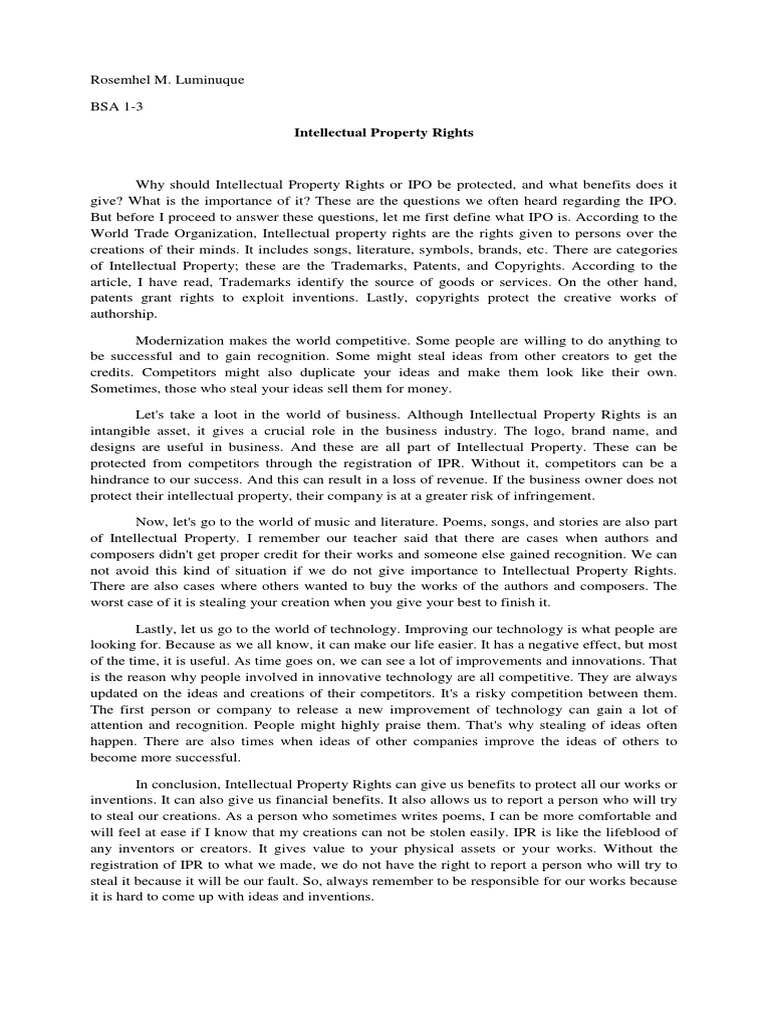 IPL Essay | PDF | Intellectual Property | Intellectual Property Law