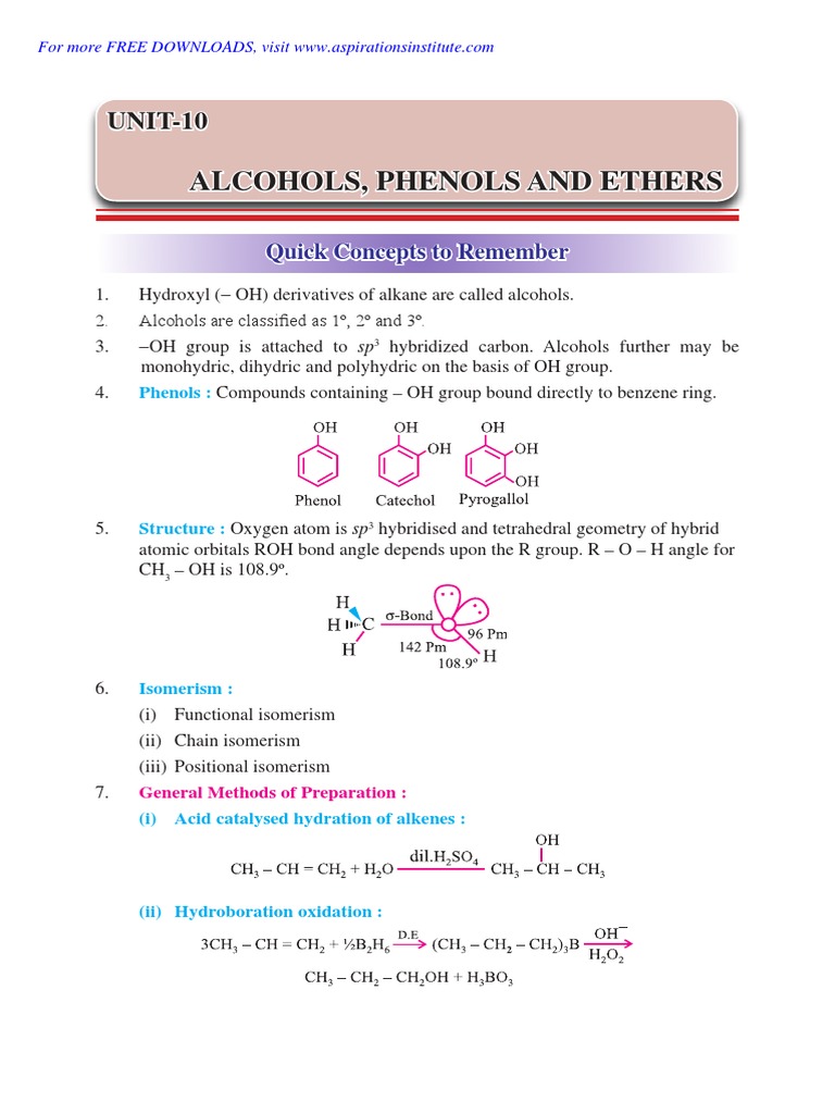 CBSE Class 12 Chem Notes Question Bank Alcohols Phenols and Ethers PDF ...