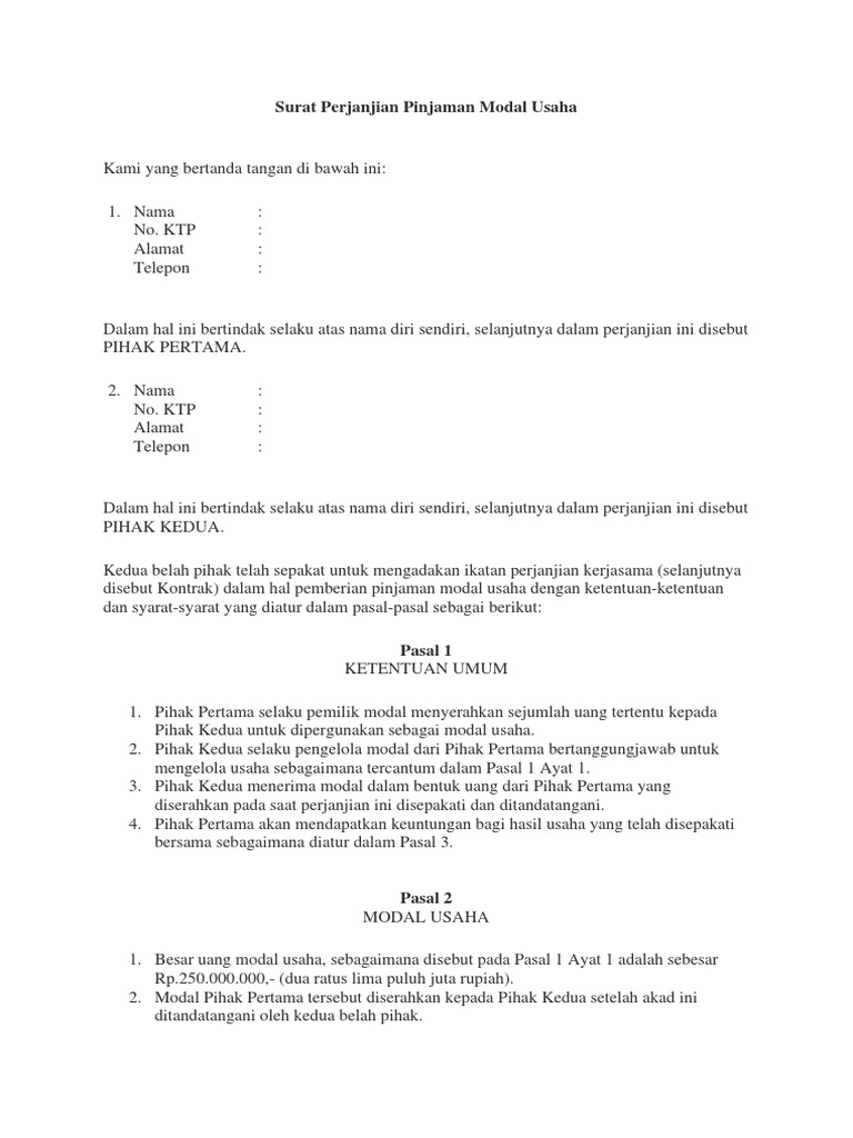 Surat Perjanjian Pinjaman Modal Usaha | PDF