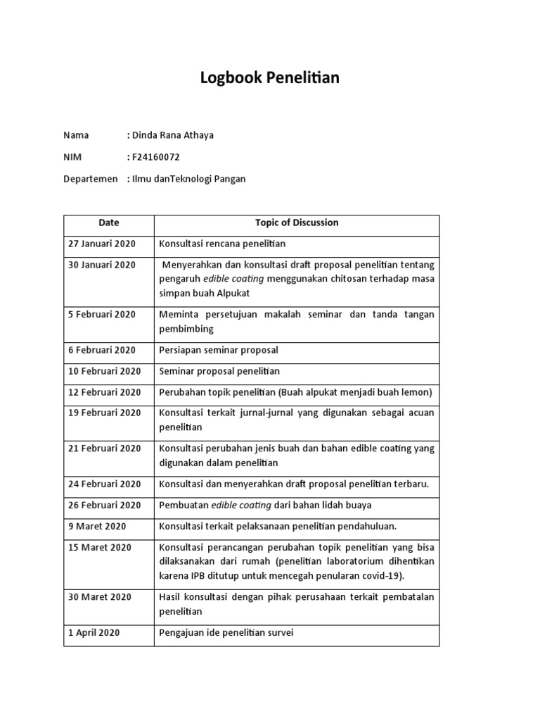 Logbook Penelitian Skripsi Dinda Rana | PDF