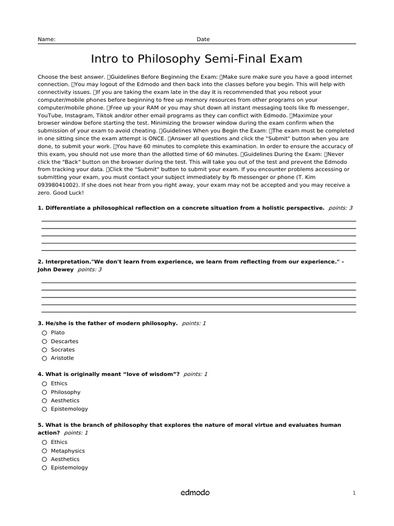 Philosophy Semi-Final Exam Guidelines | PDF | Reason | Socrates