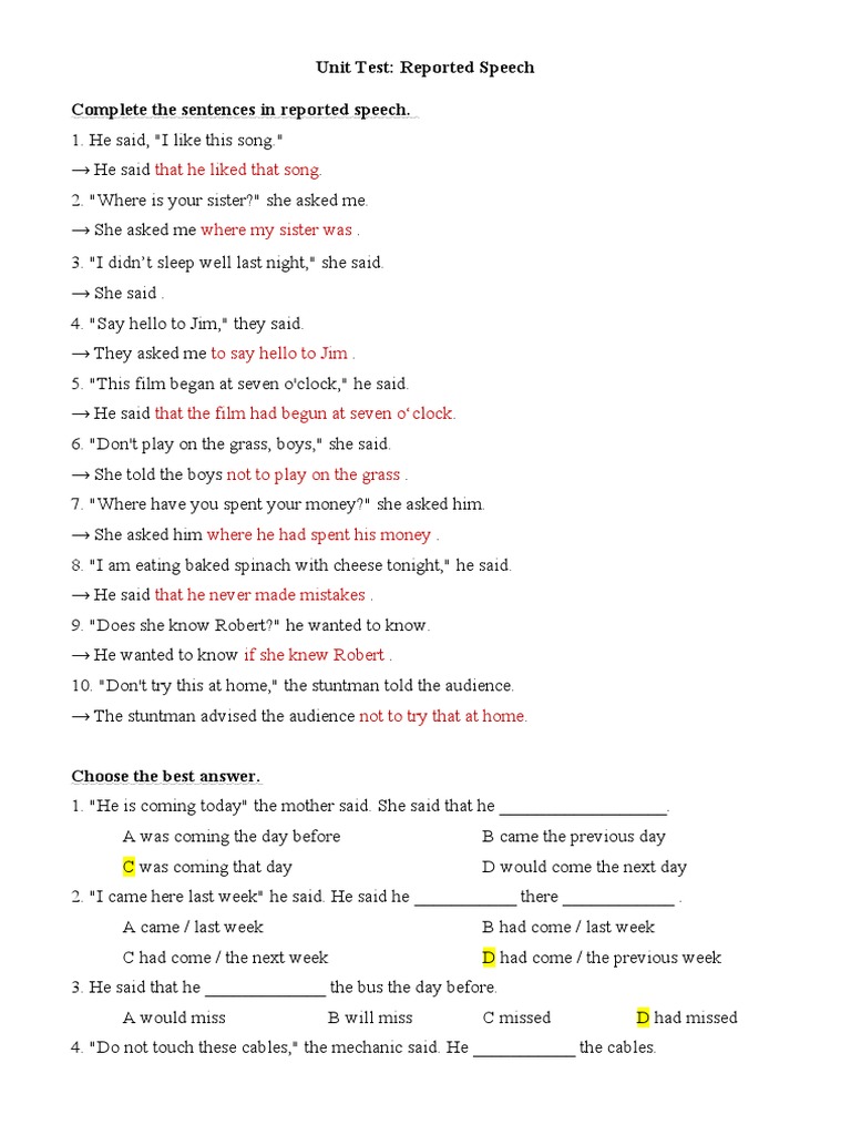 Reported Speech Unit Test | PDF