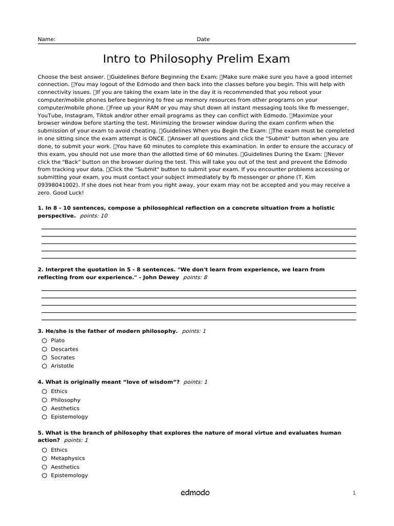 Philosophy Prelim Exam Guidelines and Questions | PDF | Socrates ...