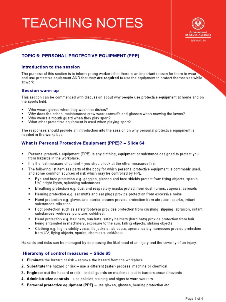 Teaching Notes: Topic 6: Personal Protective Equipment (Ppe ...