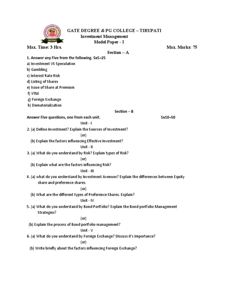 Gate Degree & PG College - Tirupati Investment Management Model Paper ...