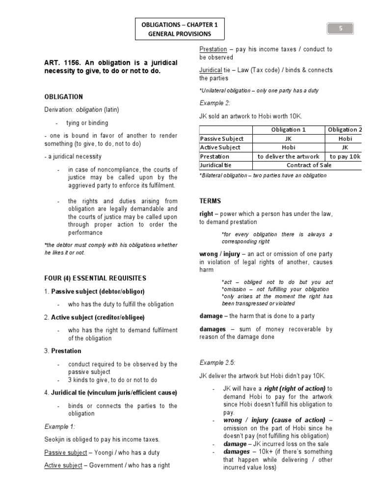 Oblicon Reviewer Chapter 1 | PDF | Law Of Obligations | Legal Liability