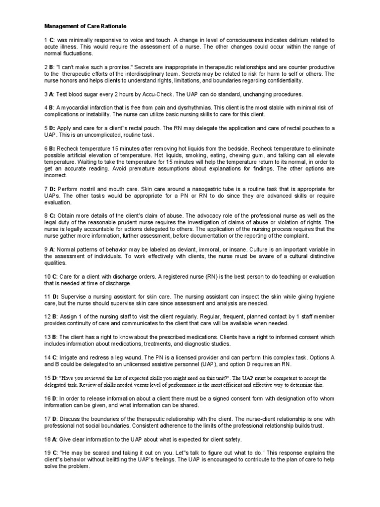 Management of Care Rationale | PDF | Nursing | Psychology