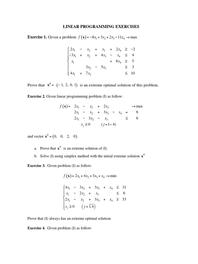 Linear Programming Exercises Exercise 1 Given A Problem Prove That Is An Extreme Optimal 
