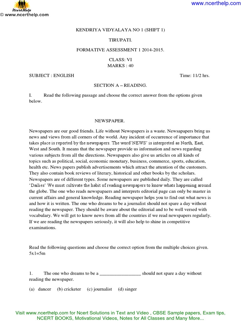 CBSE Sample Papers For Class 6 English FA 2 | PDF | Newspapers | News