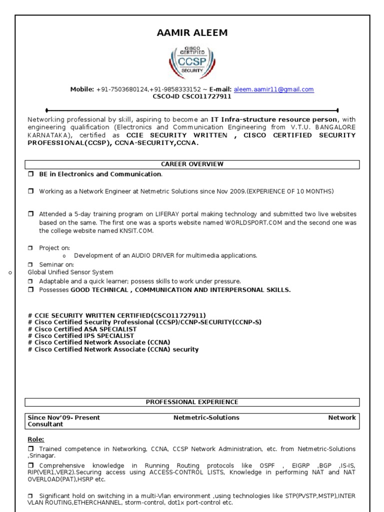 Aamir Resume | PDF | Cisco Certifications | Cisco Systems