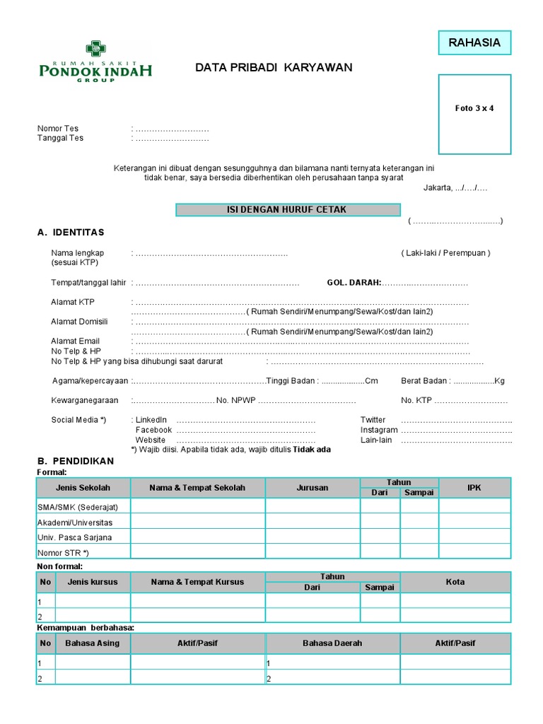 Form Biodata Karyawan RSPI (Update) | PDF