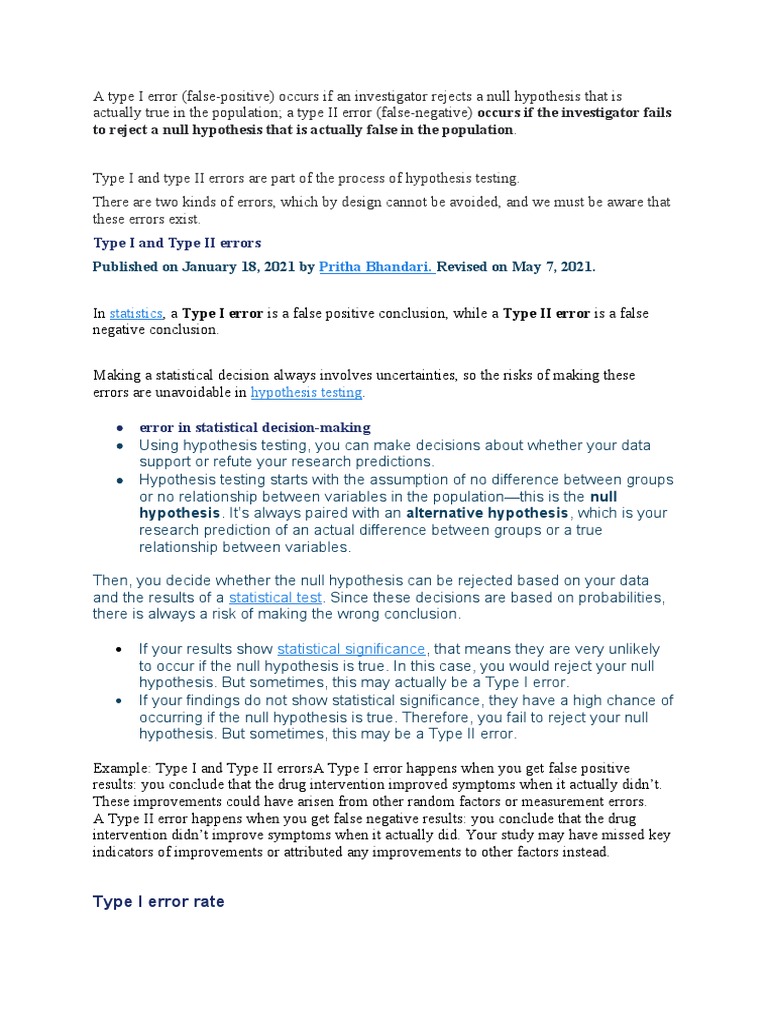Type I vs Type II Errors in Testing | PDF | Type I And Type Ii Errors ...