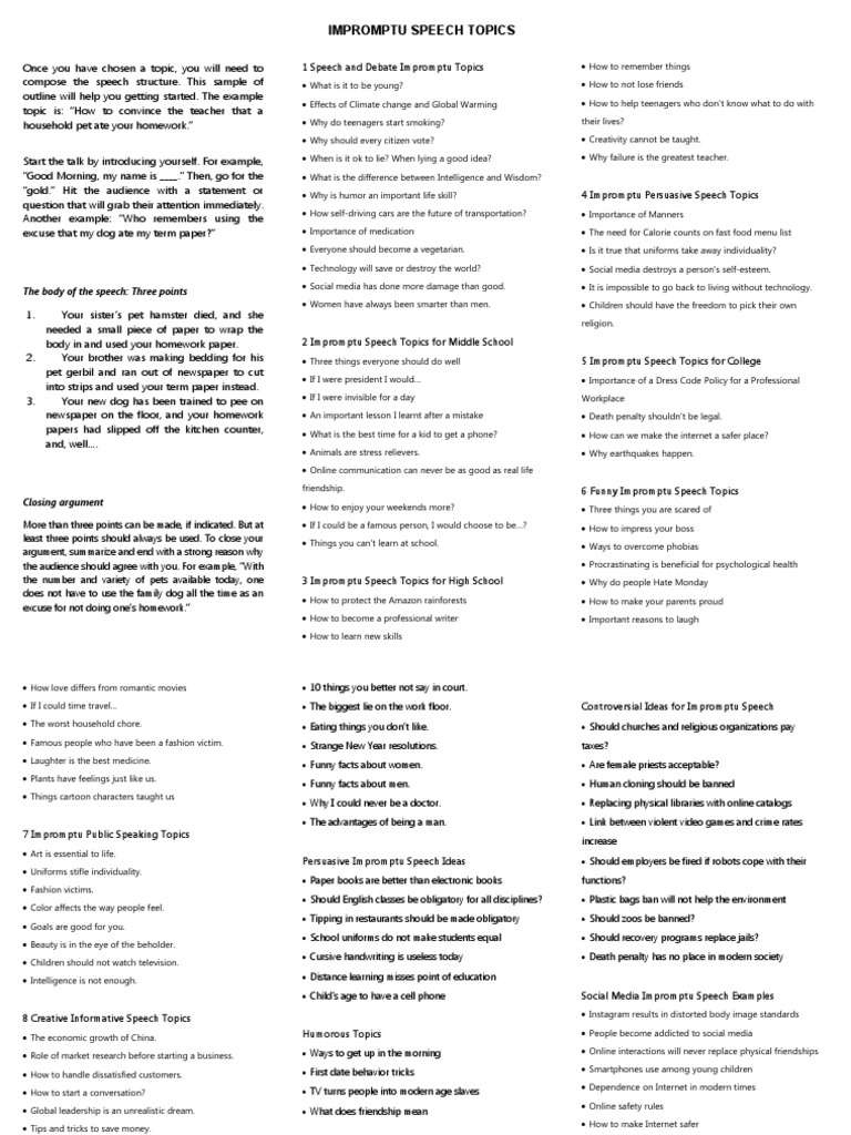 Impromptu SPEECH TOPICS | PDF | Social Media | Popular Culture & Media ...