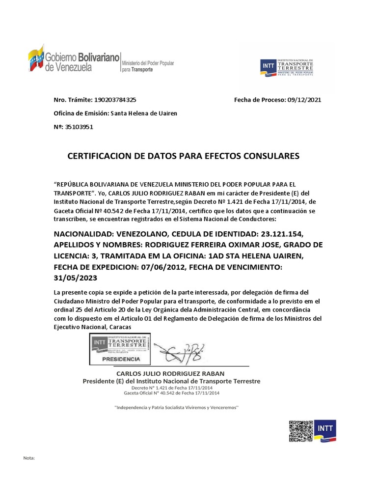 Certificación de Datos Consulares Venezuela | PDF