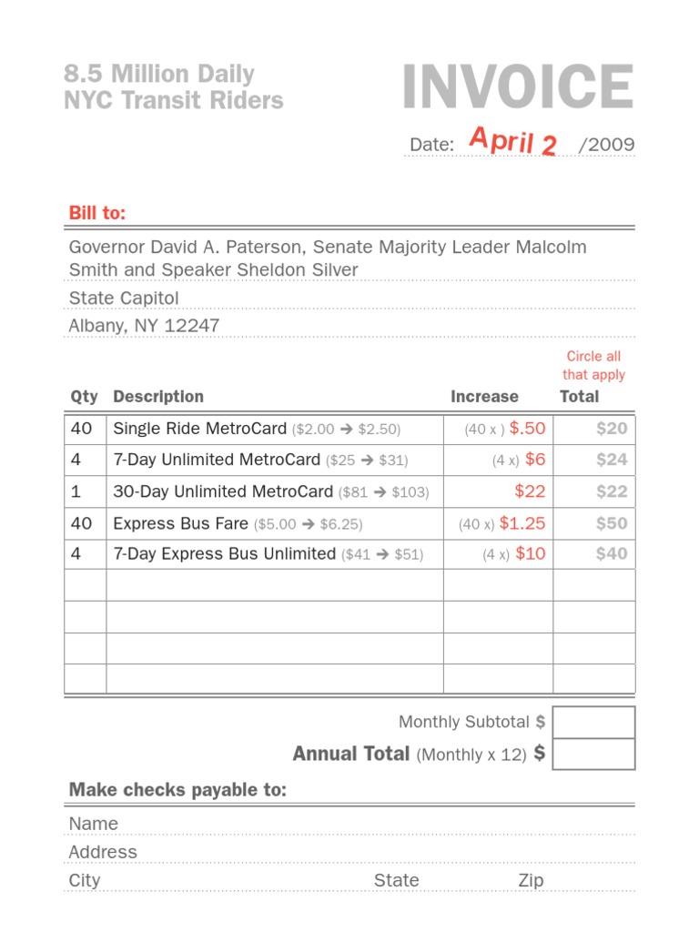 NYC Transit Fare Hike Invoice | PDF