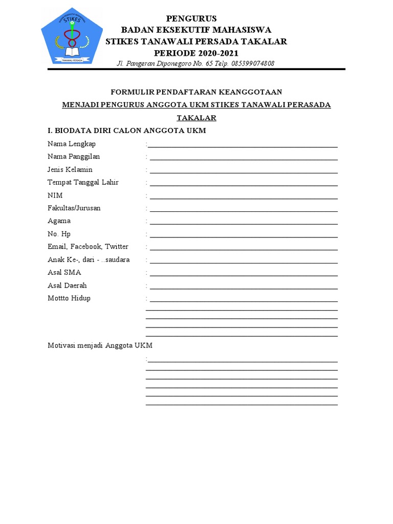 Contoh Formulir Pendaftaran Anggota Bem | PDF