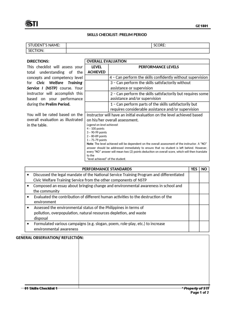 01 Skills Checklist 1 | PDF | Evaluation | Natural Environment