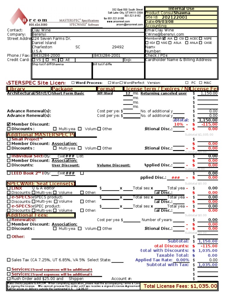 MASTERSPEC Site License:: Library Package Format License Term / Expires ...
