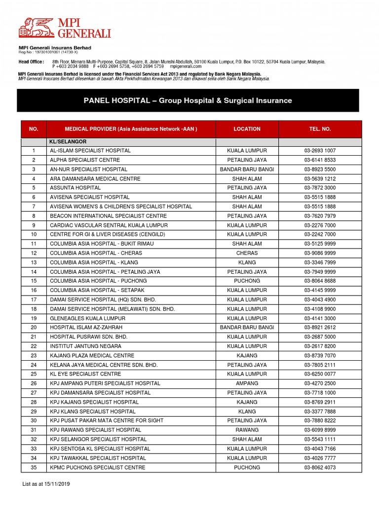 Panel Hospital - Group Hospital & Surgical Insurance: Kl/Selangor | PDF ...