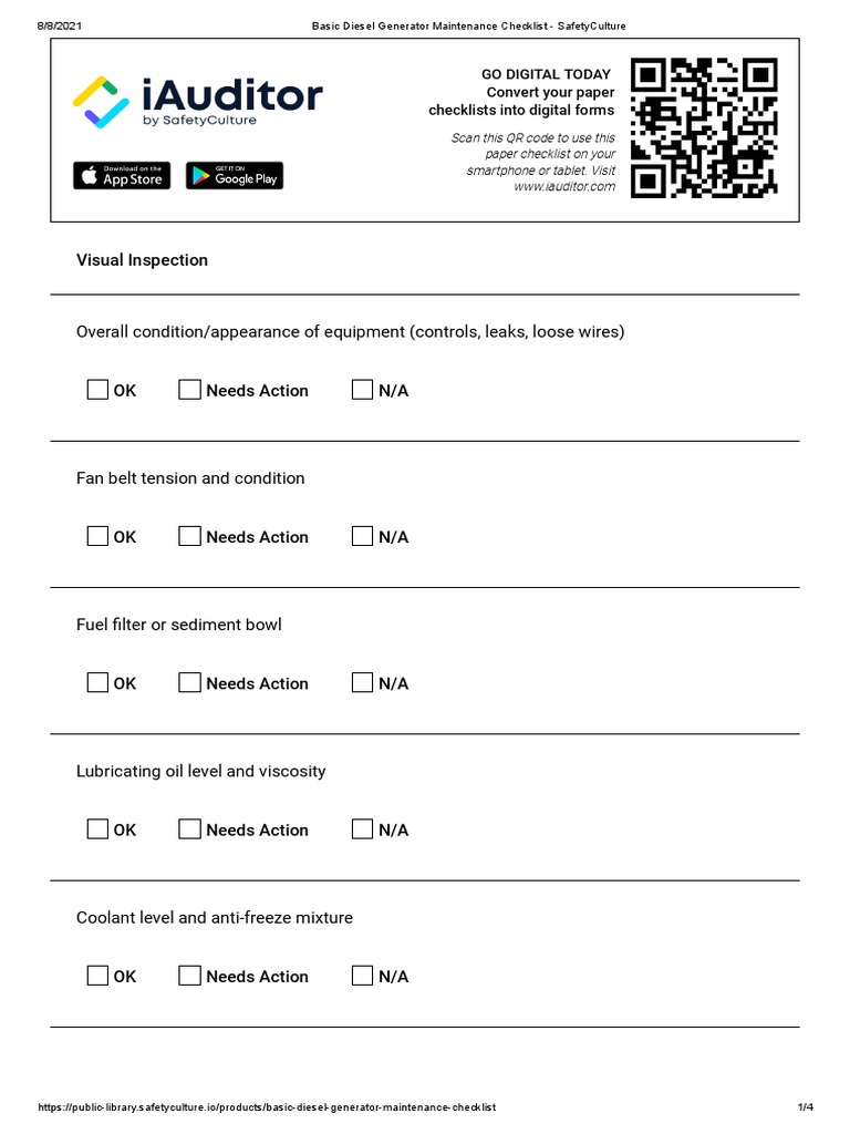 Basic Diesel Generator Maintenance Checklist - SafetyCulture | PDF ...
