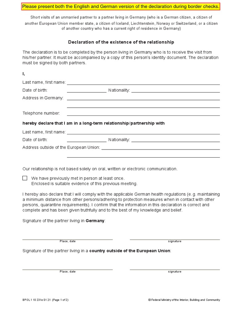 Declaration of The Existence of The Relationship: Place, Date Signature ...