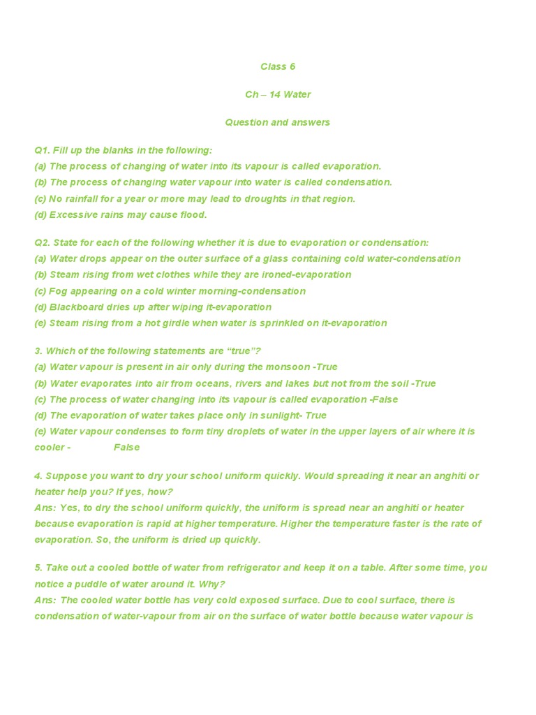 Class 6 Water - Question Answer | PDF | Water | Water Vapor