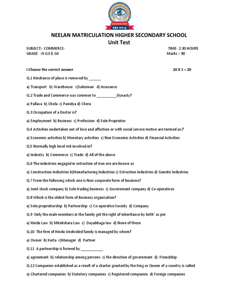 Unit Test on Commerce for Grade XI Students Focuses on Key Concepts of ...
