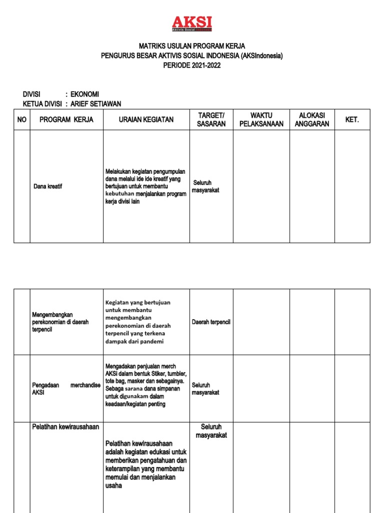 Matriks Proker Divisi Ekonomi | PDF