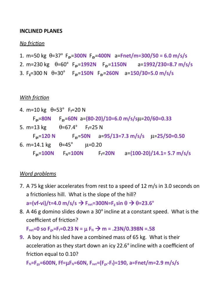 Inclined Planes Answers | PDF