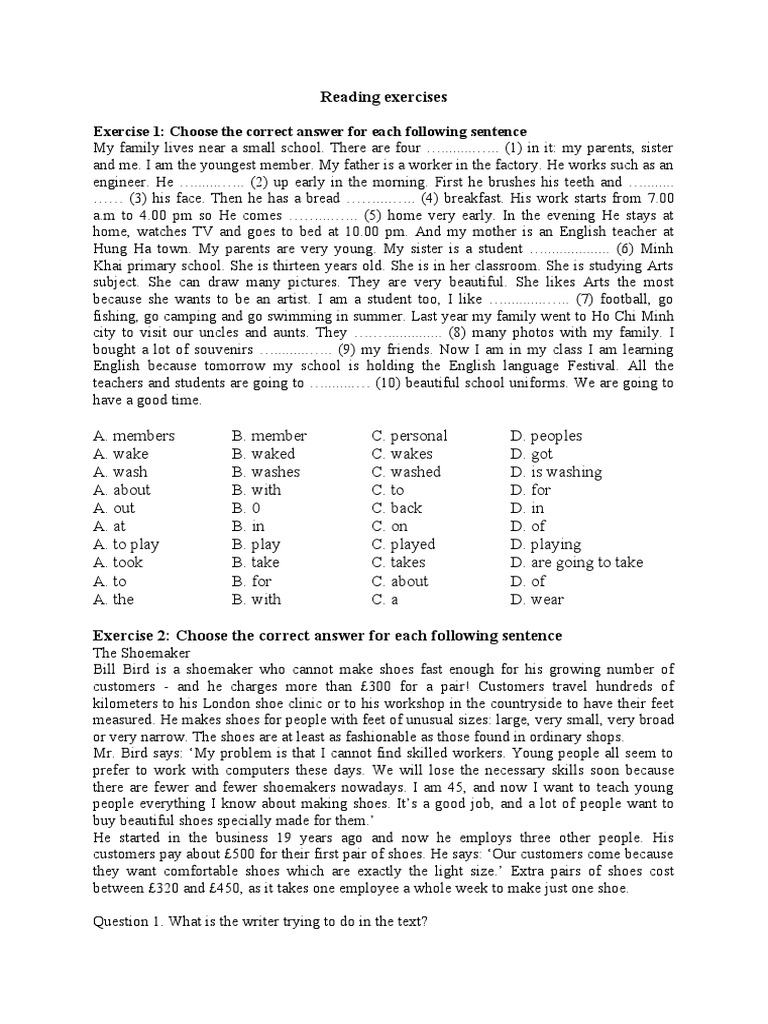 Reading Exercises: Exercise 1: Choose The Correct Answer For Each ...