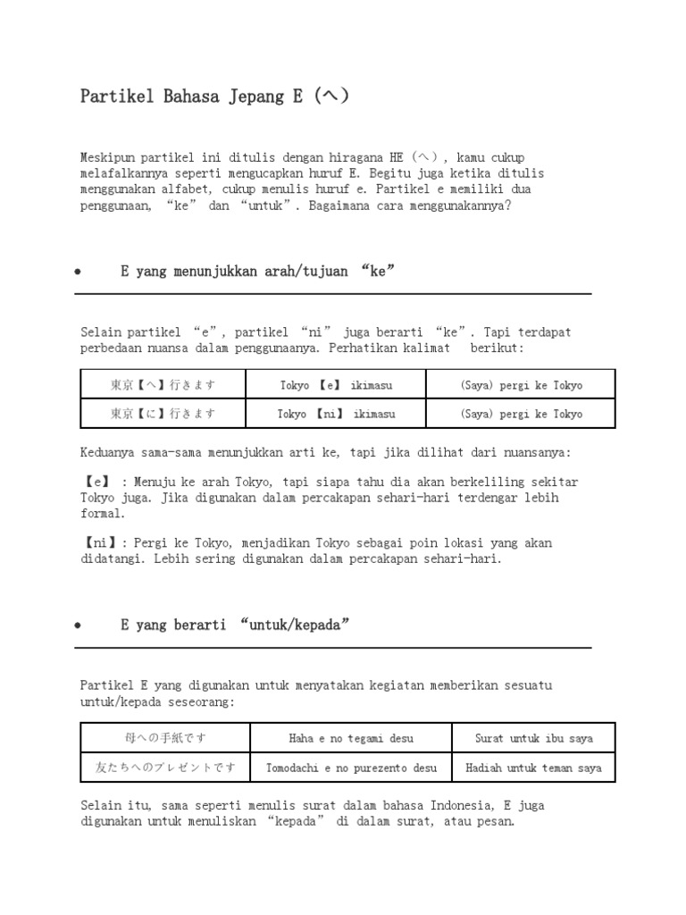Partikel Bahasa Jepang - E Ni, De, To, Ya, Mo | PDF