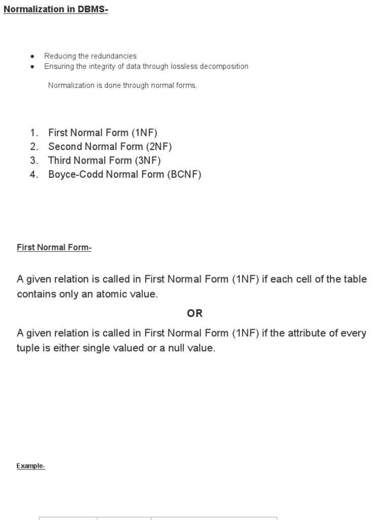 First Normal Form (1NF) 2. Second Normal Form (2NF) 3. Third Normal ...