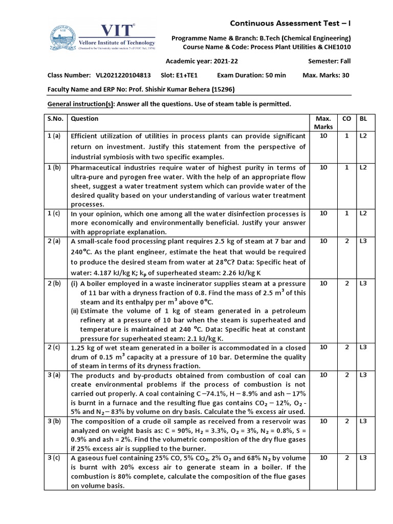 Fallsem2021-22 Che1010 TH VL2021220104813 Cat-1 QP Key Cat1 22 | PDF | Boiler | Steam