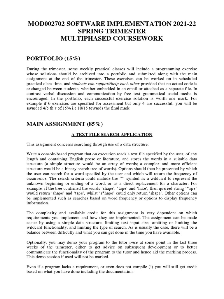 Mod002702 Software Implementation 2021-22 Spring Trimester Multiphased Coursework | PDF ...