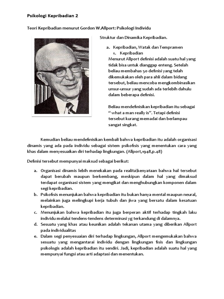 Psikologi Kepribadian 2: Teori Kepribadian Menurut Gordon W.Allport ...