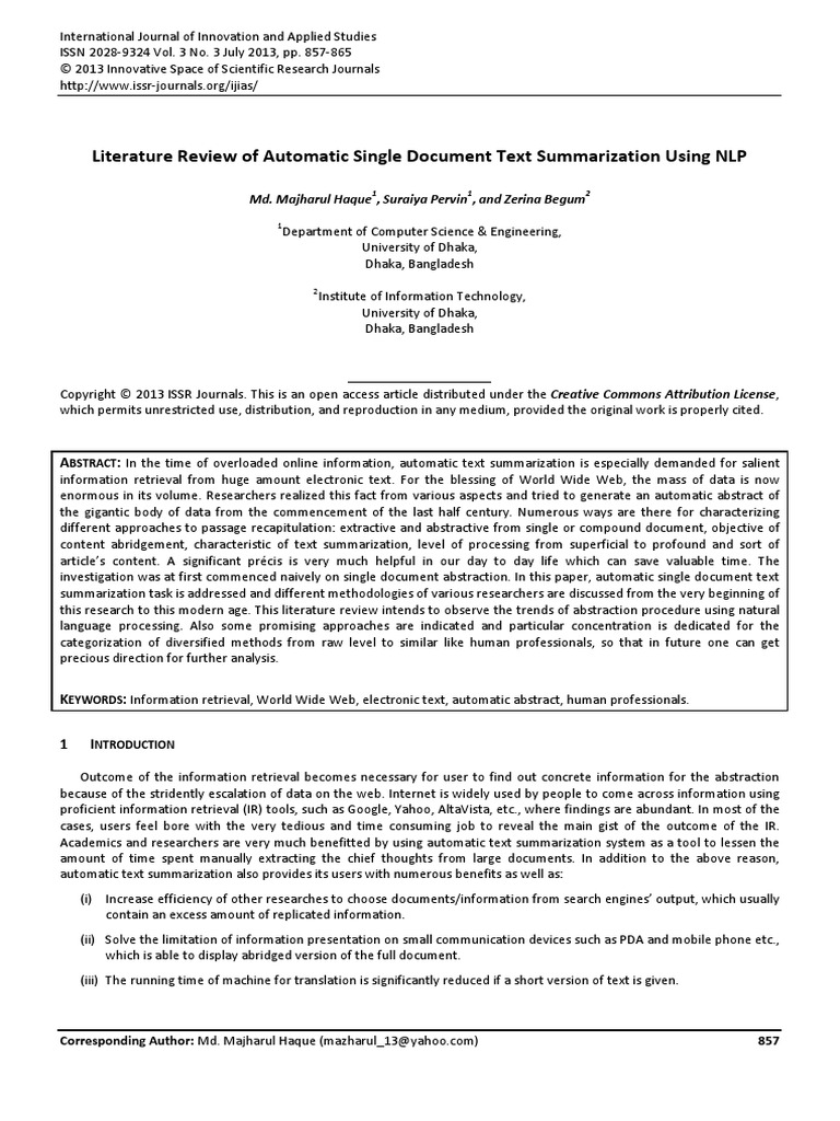 Literature Review of Automatic Single Document Text Summarization Using ... Literature Review of Automatic Single Document Text Summarization Using ...